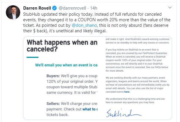 StubHub Goes Voucher Only On Cancelled Events Due To Covid 19
